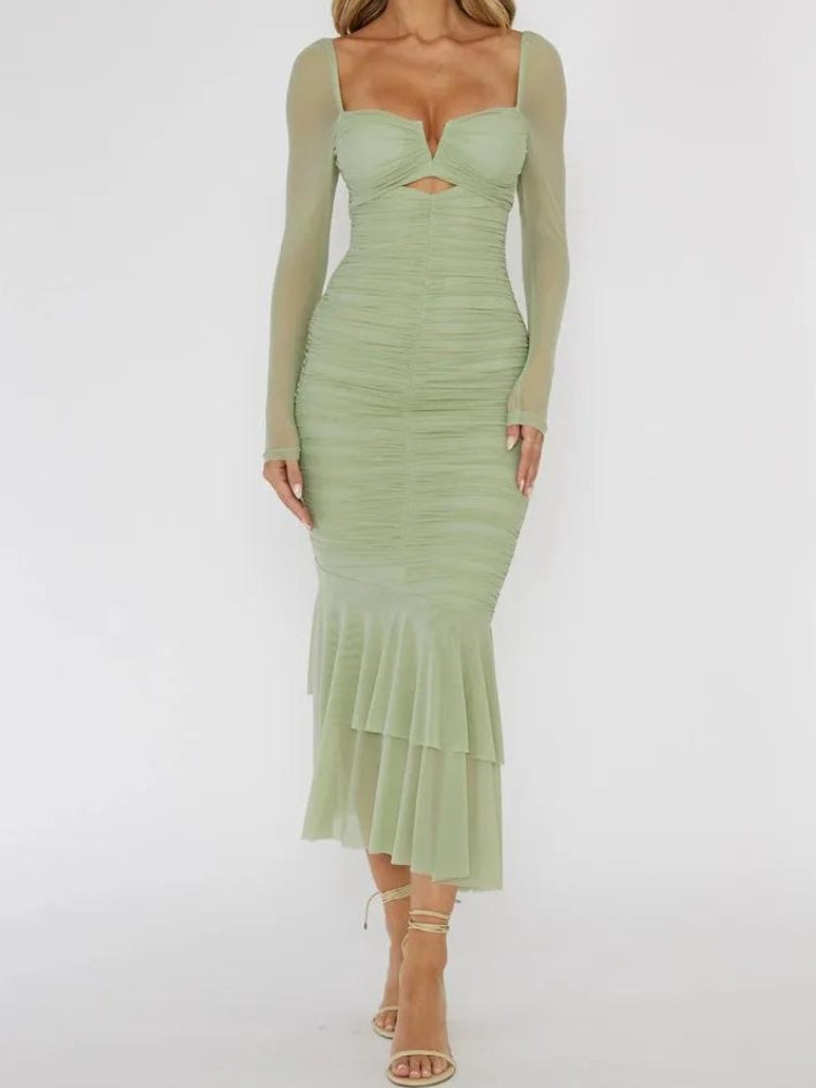 Mesh Ruched Bodycon Midi Dress - Mauv Studio – MAUV STUDIO®