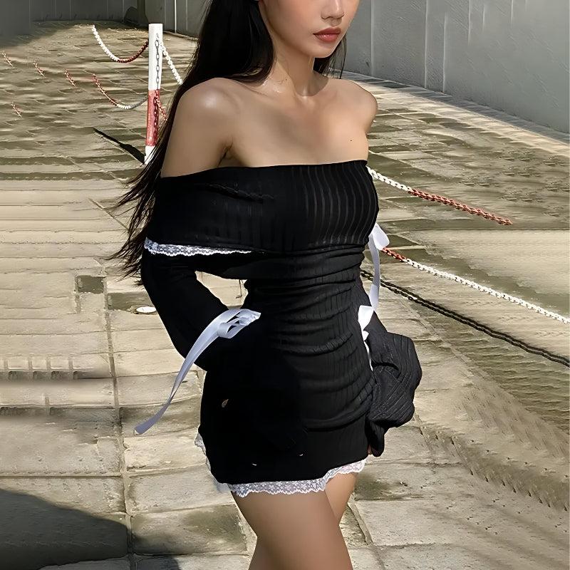 Y2K Corduroy Off Shoulder Bow Mini Dress - Mauv Studio